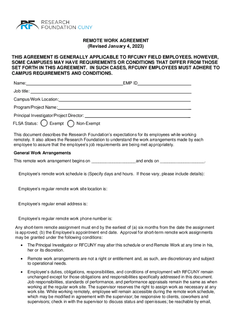 Fillable Online rfcuny-field-employee-remote-work-agreement. ... Fax ...