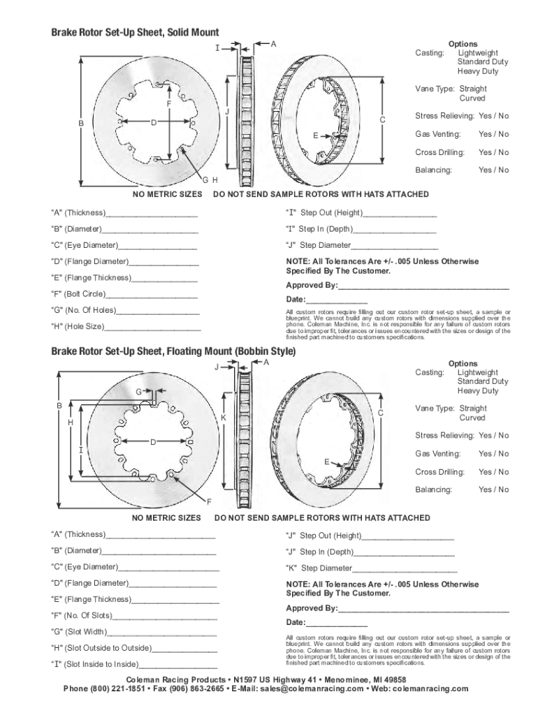 Fillable Online Brake Rotor Set-Up Sheet, Solid Mount Fax Email Print ...