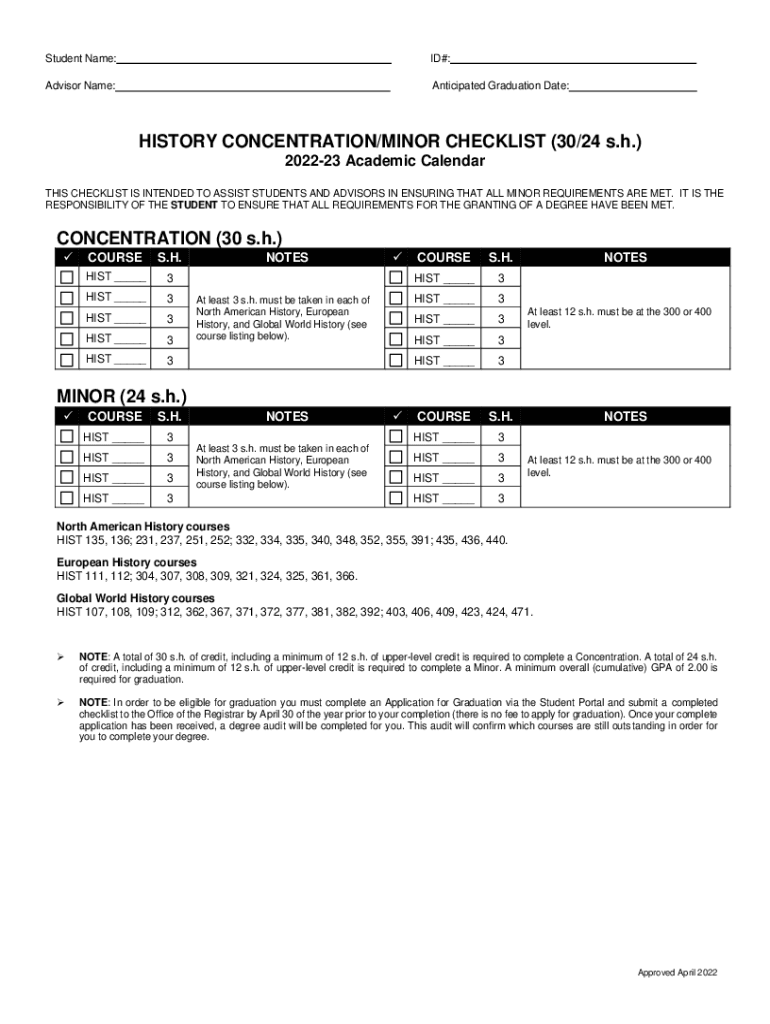 Fillable Online HISTORY CONCENTRATION/MINOR CHECKLIST (30/24 sh) Fax ...