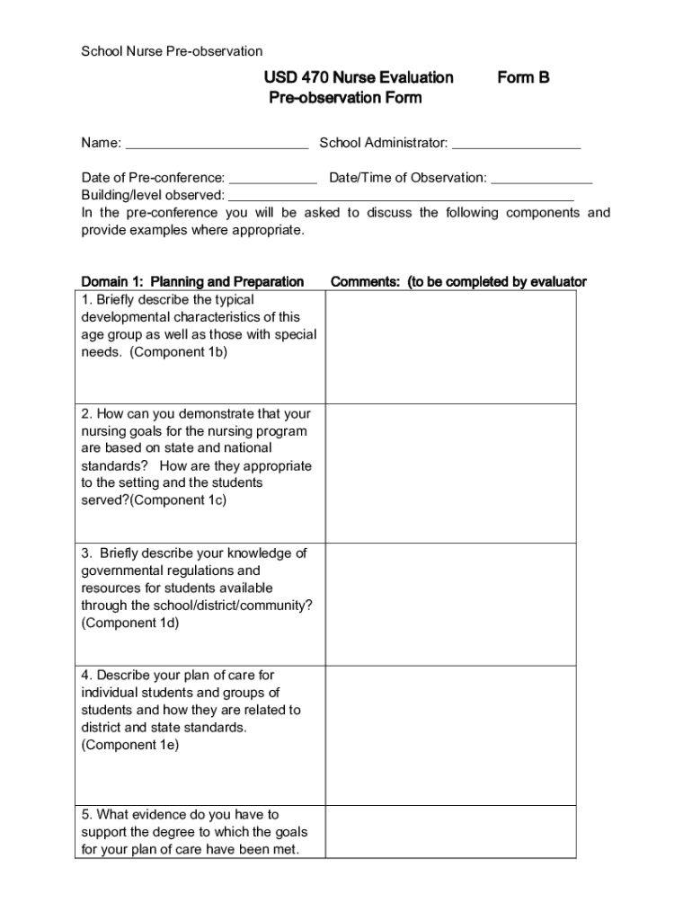 Fillable Online USD 470 Nurse Evaluation Form B Pre-observation Form ...