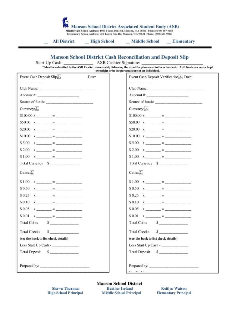 Fillable Online Manson School District Cash Reconciliation and Deposit ...