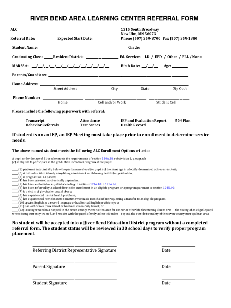 Fillable Online River Bend Area Learning Center in Minnesota Fax Email Print - pdfFiller
