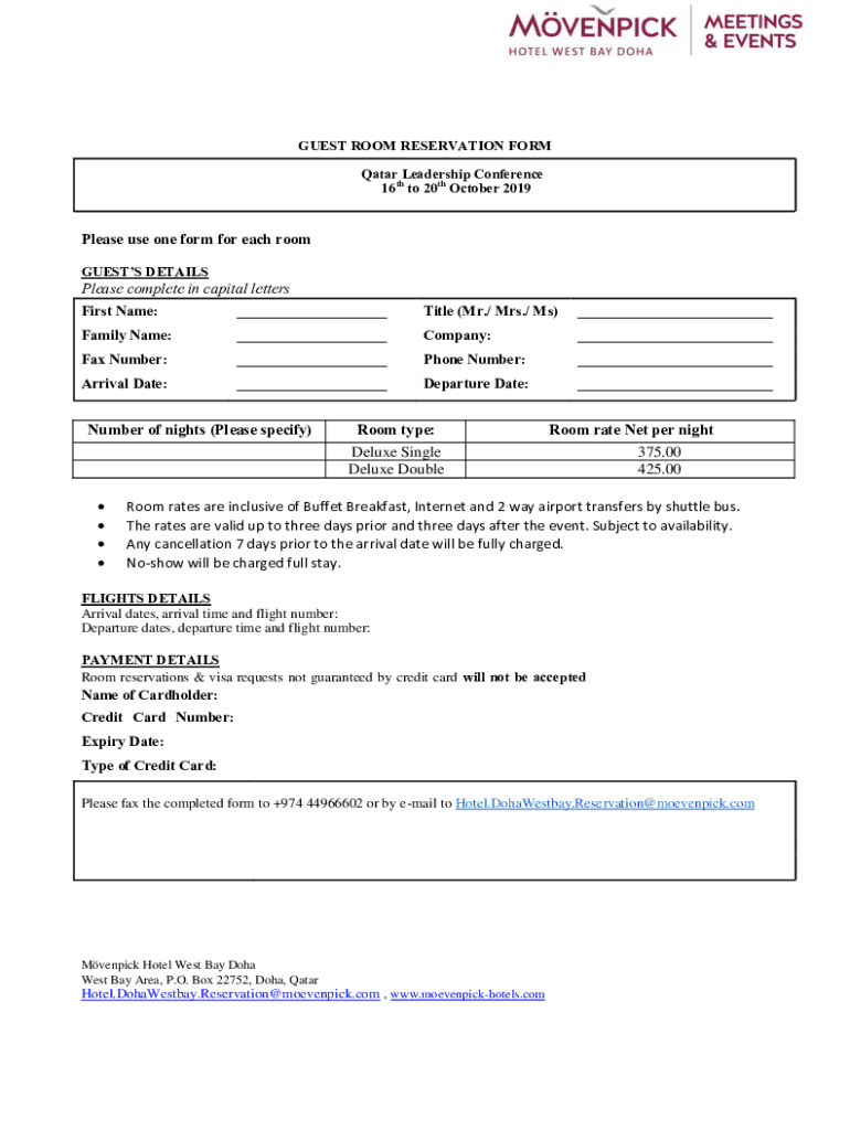 Fillable Online qatar thimun GUEST ROOM RESERVATION FORM Fax Email ...