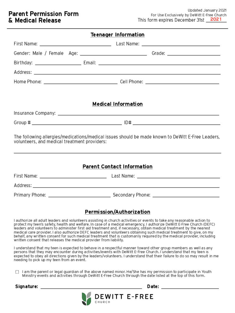 Fillable Online DeWitt E-Free Forms :: Parent Permission (teen) Fax Email Print - pdfFiller