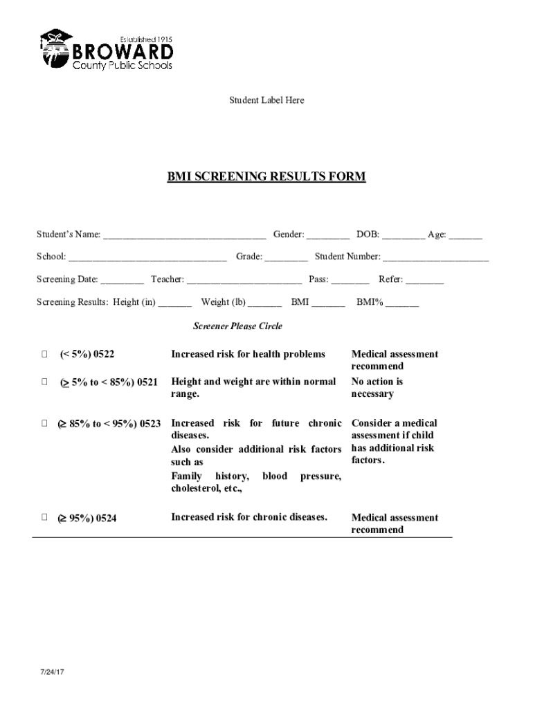 Fillable Online BMI SCREENING RESULTS FORM Fax Email Print - pdfFiller