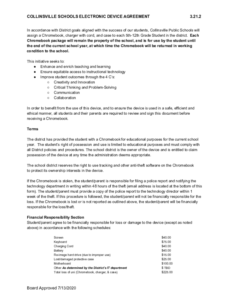 Fillable Online COLLINSVILLE SCHOOLS ELECTRONIC DEVICE AGREEMENT Fax ...