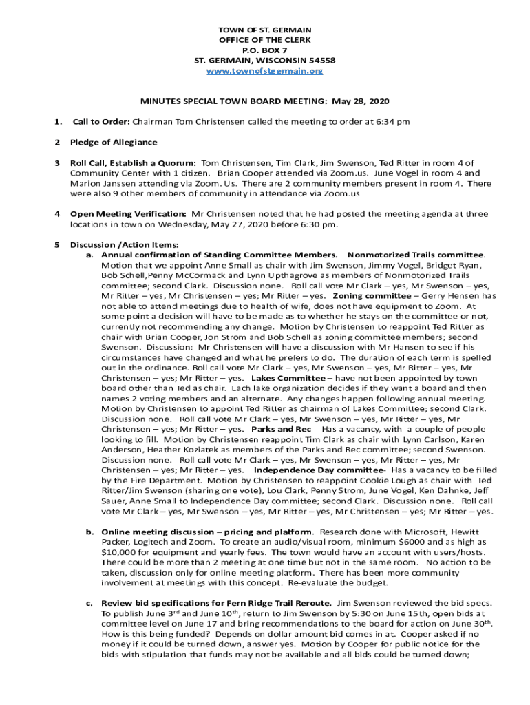 Fillable Online 3 Roll Call, Establish a Quorum: Tom Christensen, Tim ...
