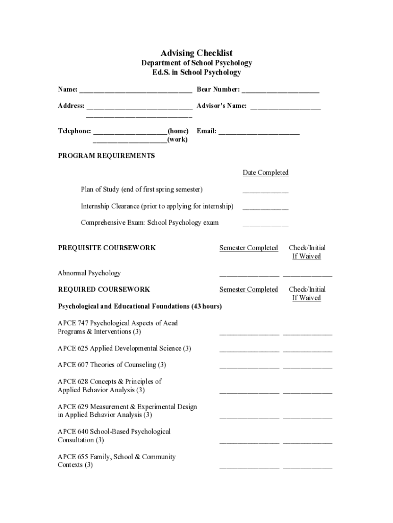 Fillable Online Advising Checklist Department of School Psychology Ed.S. ... Fax Email Print ...
