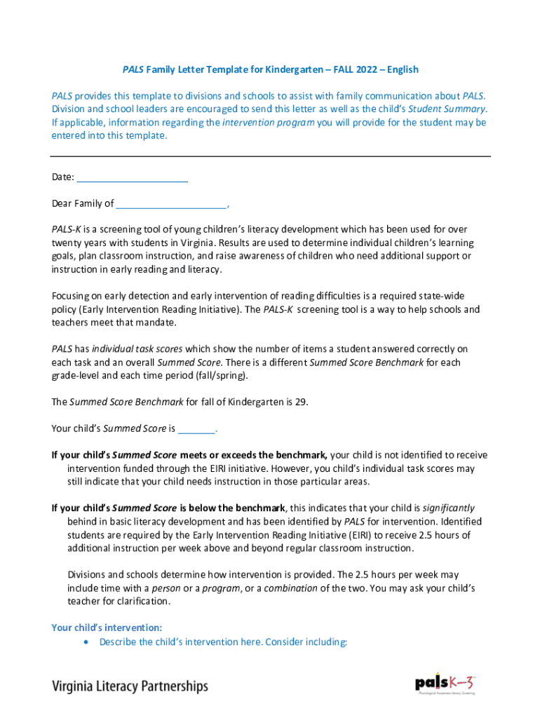 Fillable Online PALS Family Letter Template for KindergartenFALL 2022 ...
