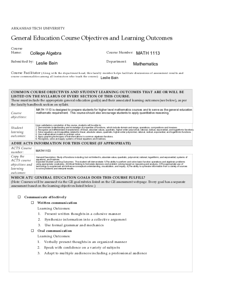 Fillable Online ATU General Education Course Objectives and Learning ...