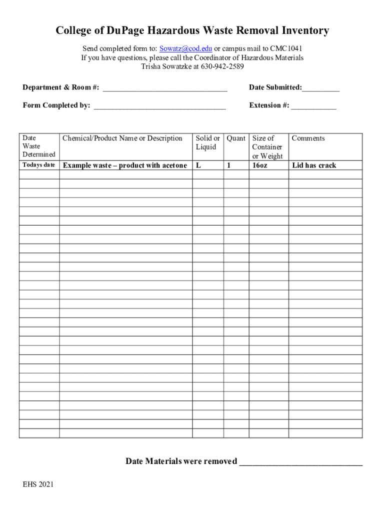 Fillable Online College of DuPage Hazardous Waste Removal Inventory ...