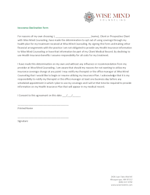 Fillable Online Insurance Declination Form For reasons of my own ...