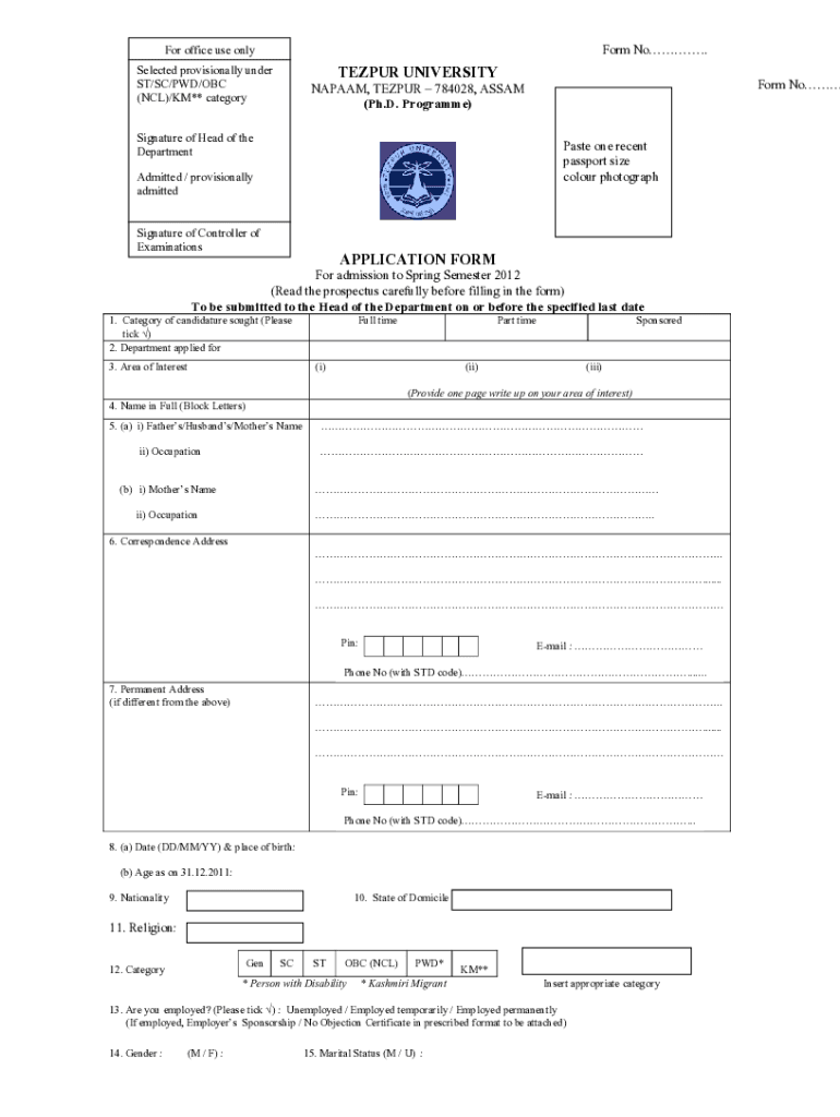 Fillable Online mba ind Tezpur university Ph D Form Fax Email Print ...