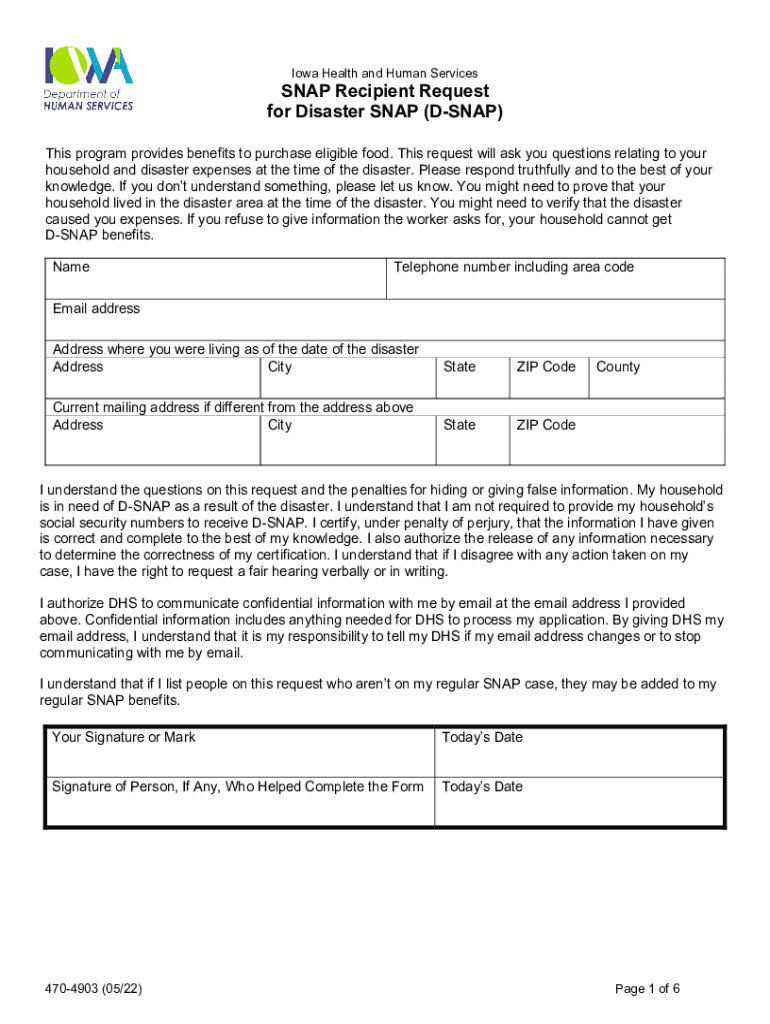 Fillable Online 470-4903, SNAP Recipient Request for Disaster SNAP (D ...