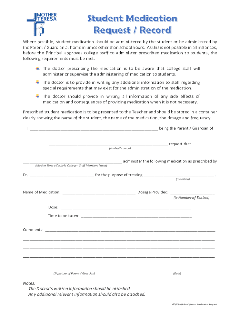 Fillable Online Where possible, student medication should be ...