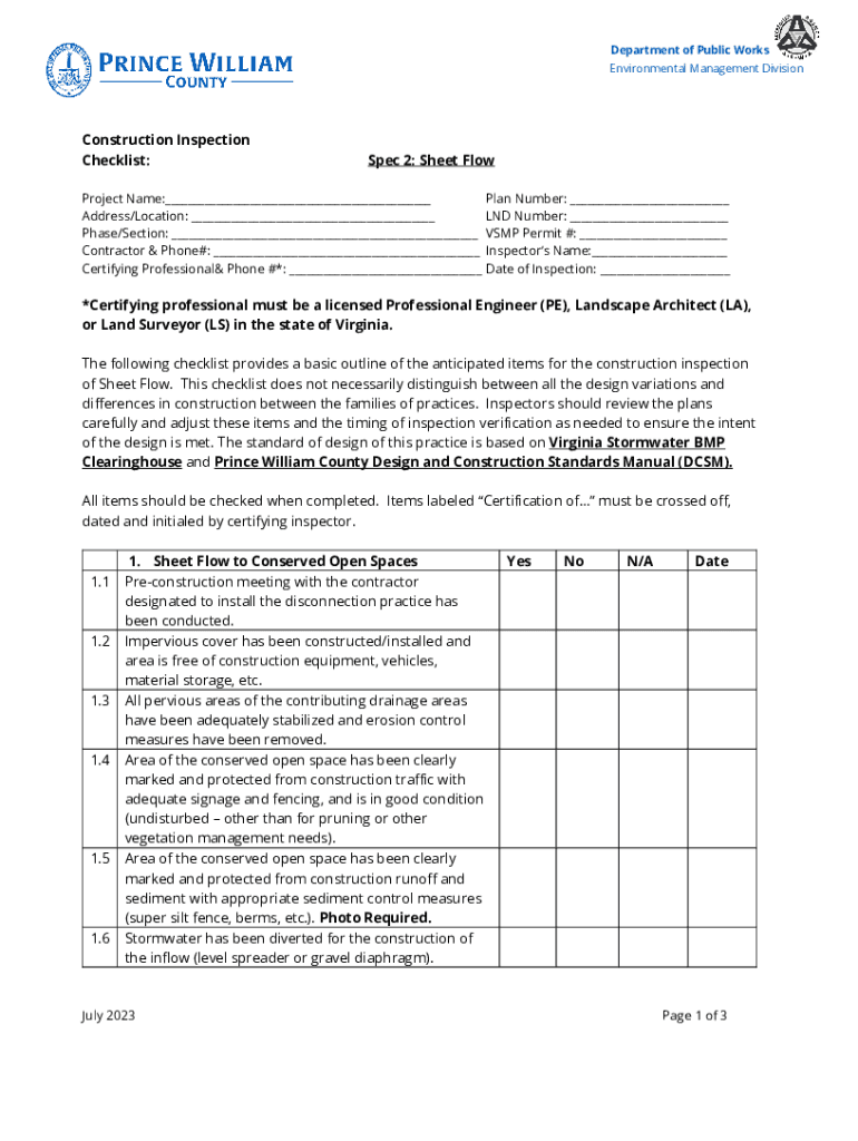 Fillable Online Construction Inspection Checklist: Spec 2: Sheet Flow ...