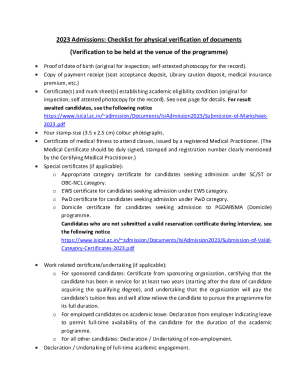 Fillable Online 2023 Admissions: Checklist for physical verification of ...