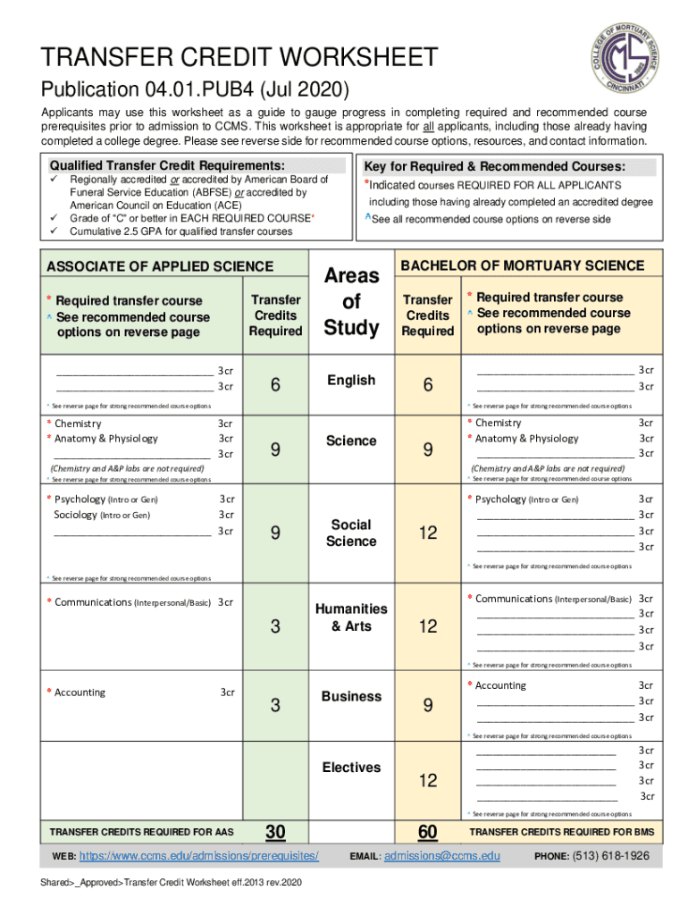 Fillable Online TRANSFER CREDIT WORKSHEET Fax Email Print - pdfFiller