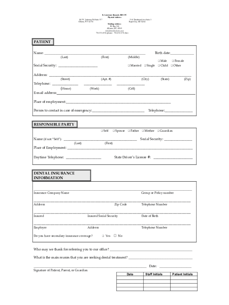 Fillable Online B. Lawrence Bennett Dds Pc in Gillette - Dental Clinics Fax Email Print - pdfFiller