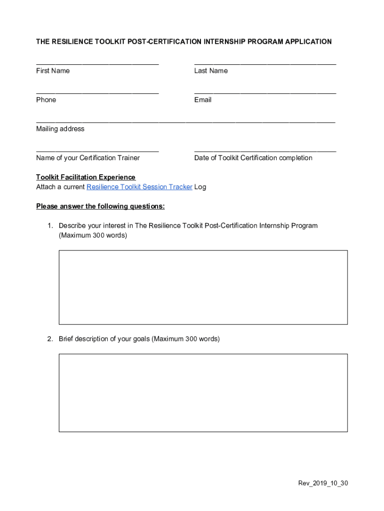 Fillable Online The Resilience Toolkit Post-Certification Internship Program Fax Email Print ...