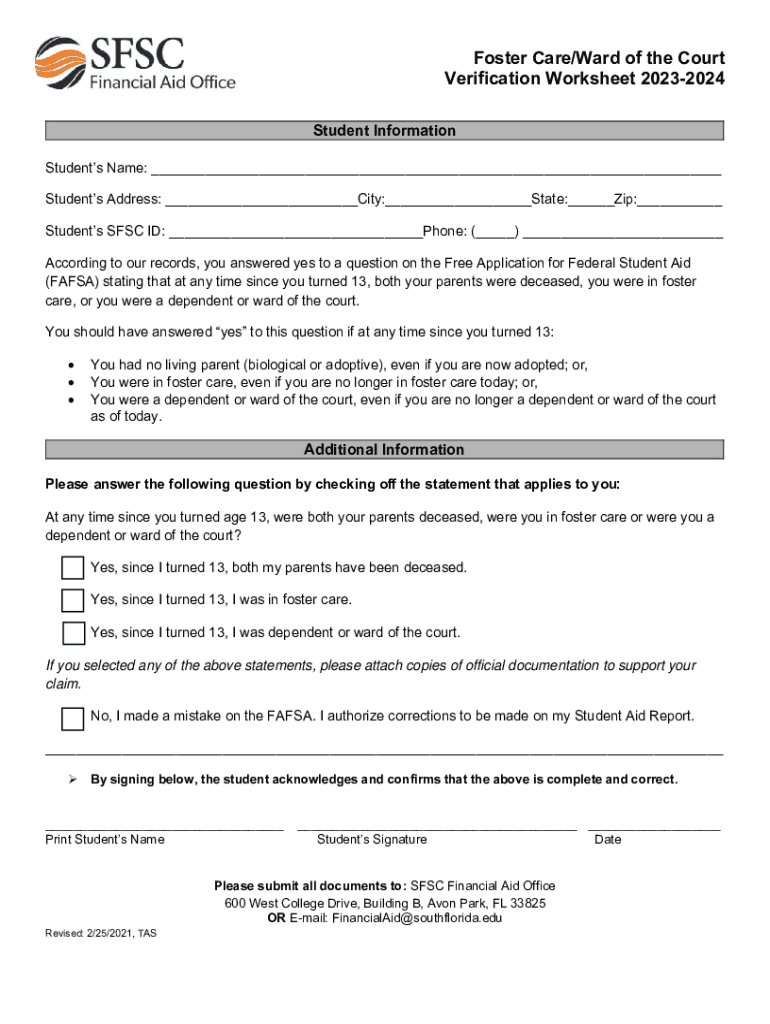 Fillable Online Foster Care-Ward of the Court Verification Worksheet ...