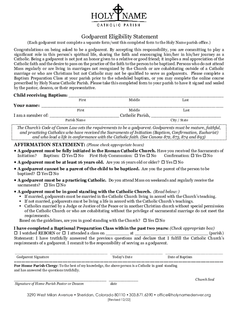 Fillable Online Godparent Eligibility Statement Fax Email Print - pdfFiller
