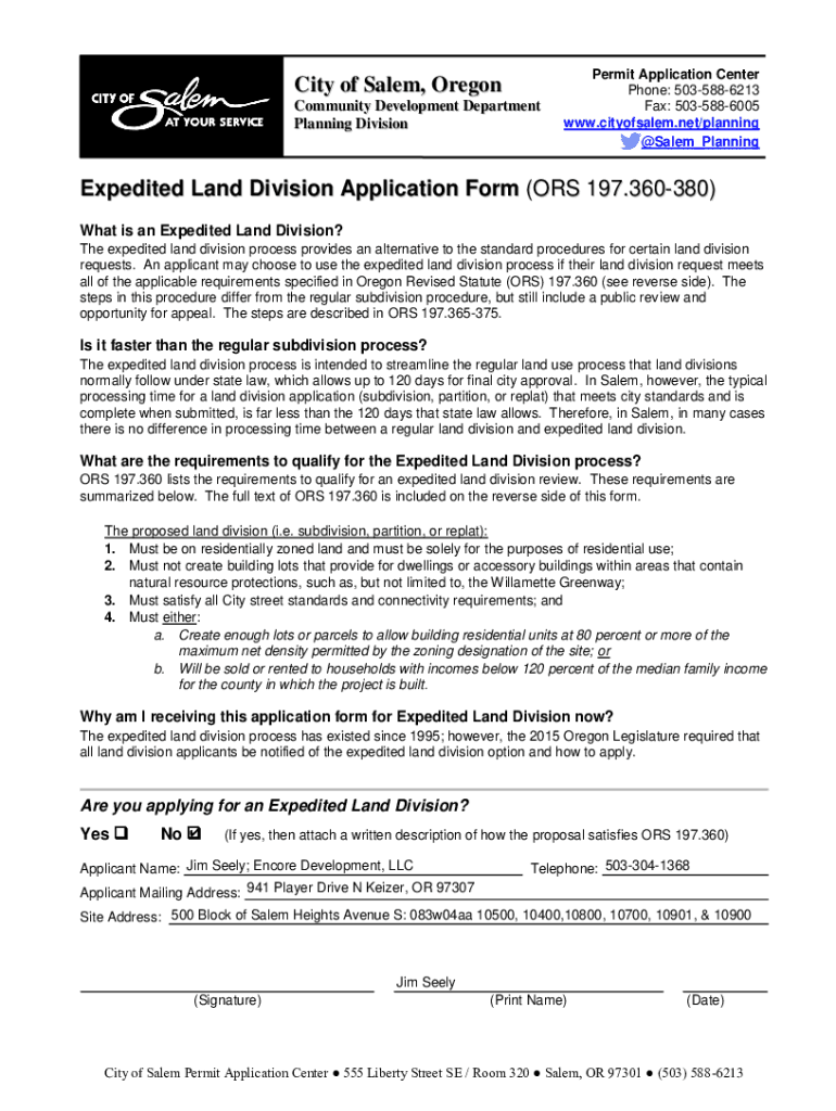 Fillable Online Expedited Land Division Application Form (ORS 197.360 ...