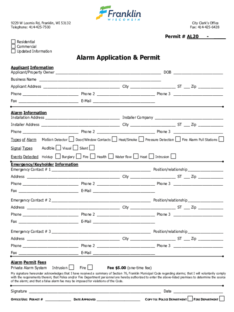 Fillable Online Alarm Permit Application for the City of Franklin ...