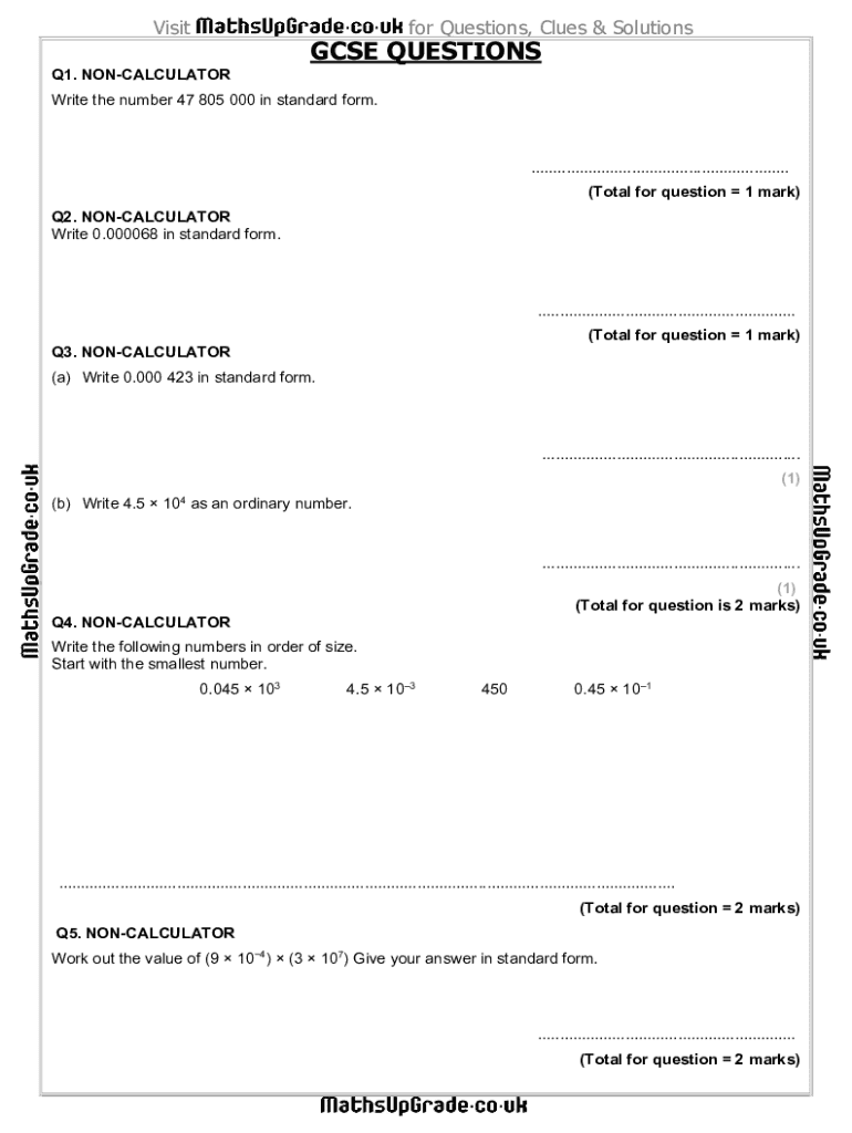 Fillable Online Standard Form GCSE Maths Exam Questions from ...
