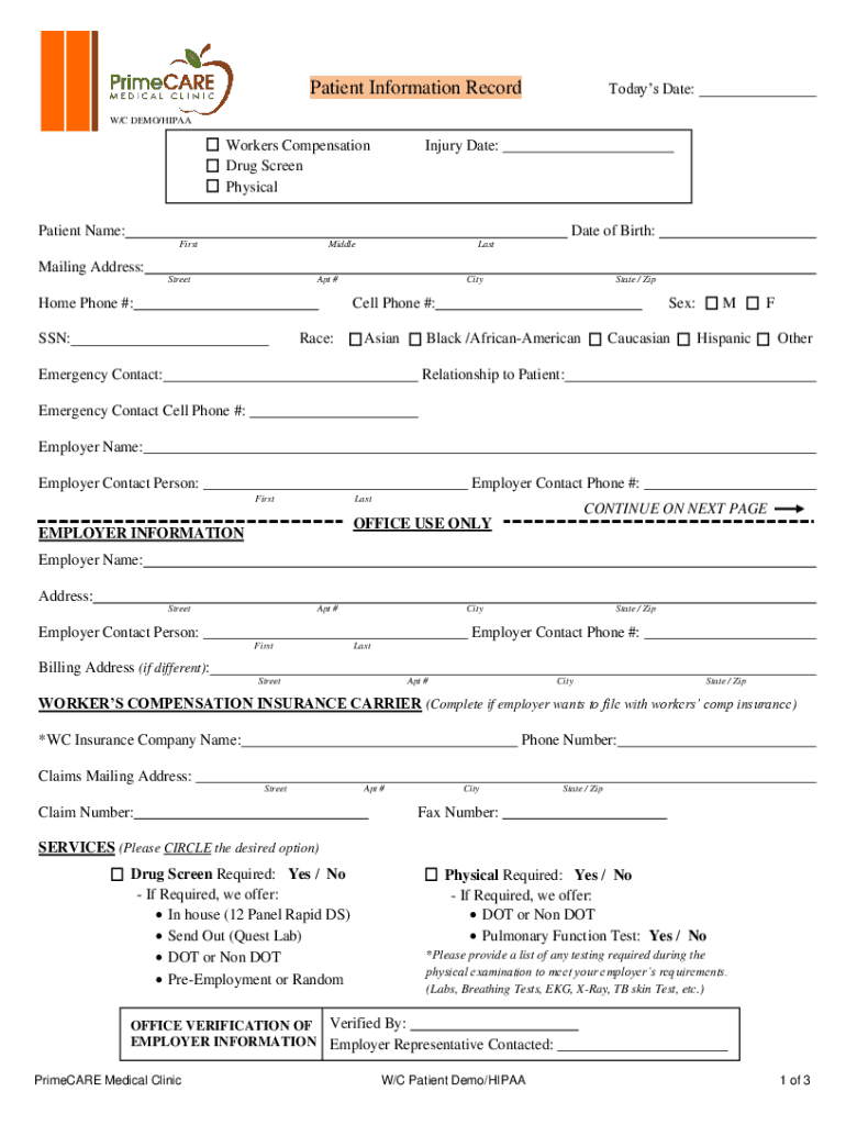 Fillable Online Patient Information Record - PrimeCARE Medical Clinic ...