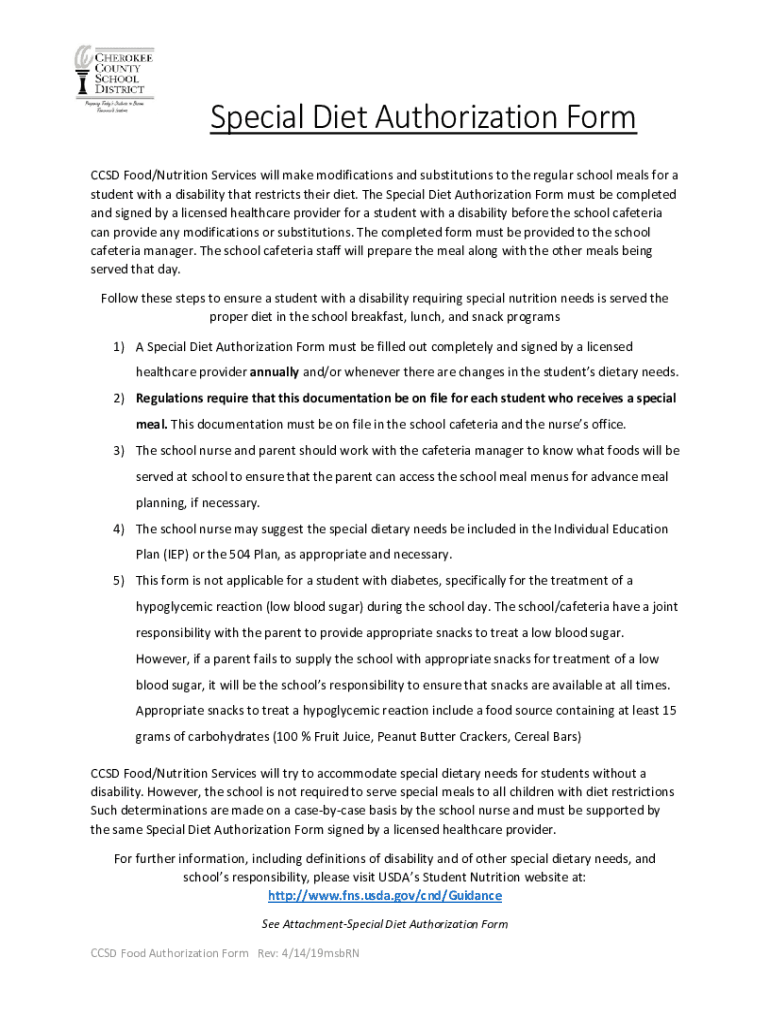 Fillable Online Special Diet Authorization Form Fax Email Print - pdfFiller