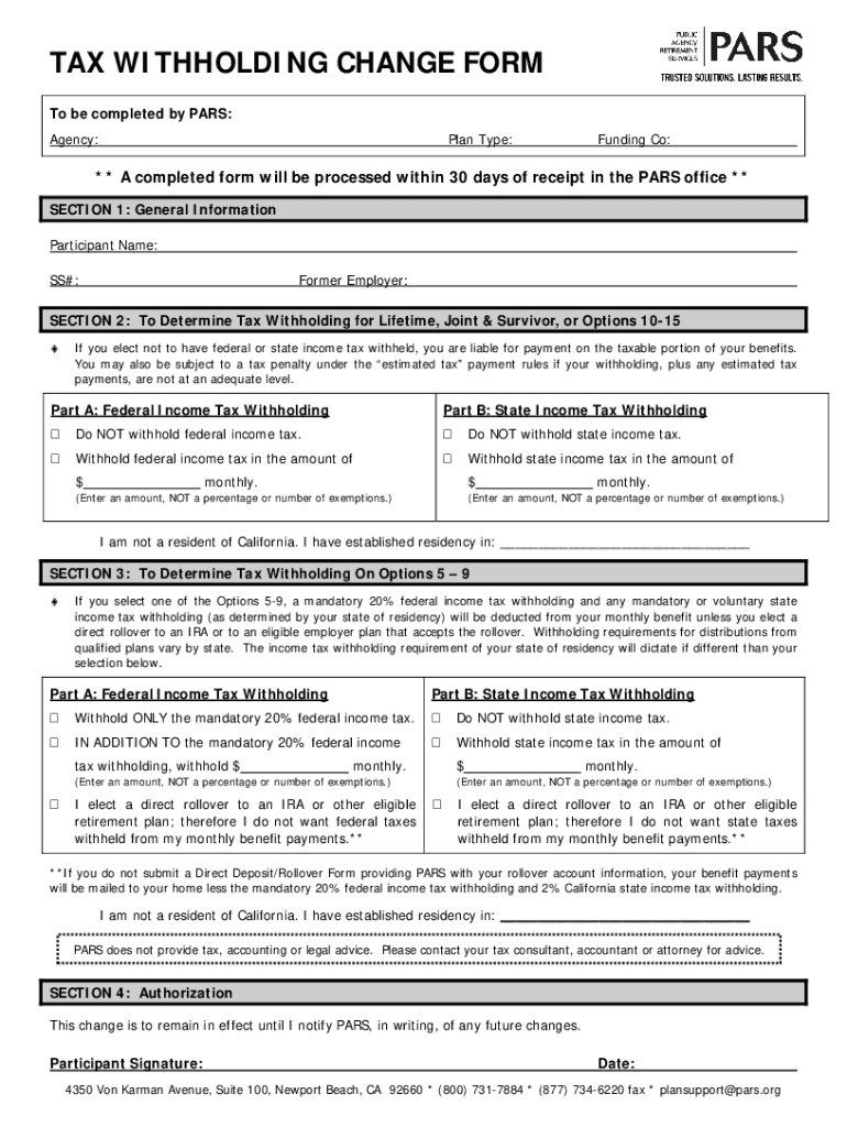 Fillable Online TAX WITHHOLDING CHANGE FORM Fax Email Print - pdfFiller