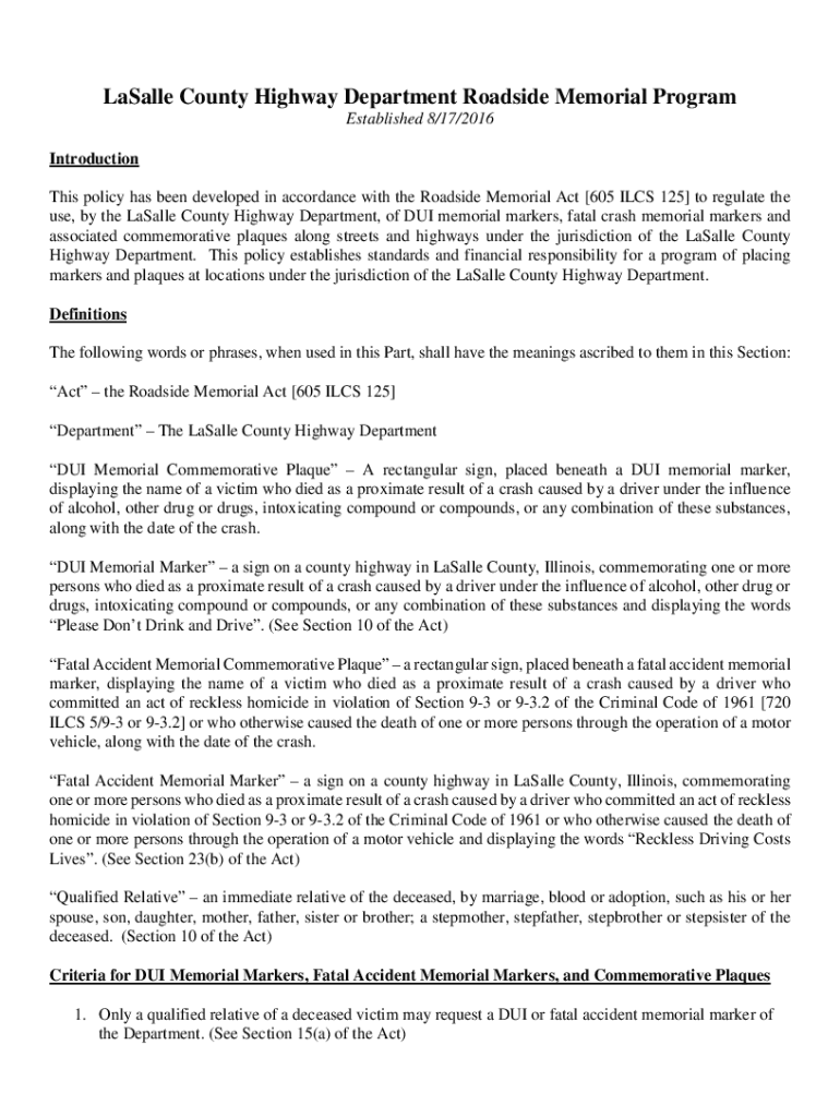 Fillable Online LaSalle County Highway Department Roadside Memorial ...