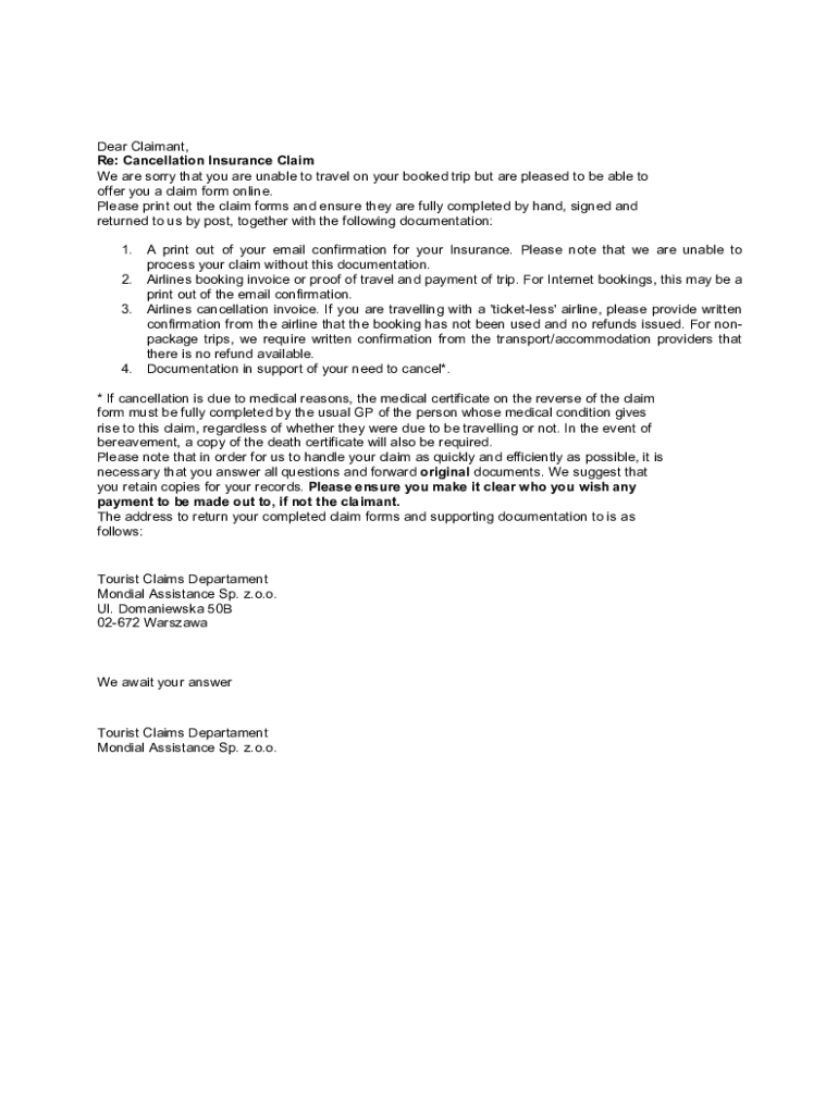 Fillable Online Dear Claimant, Re: Cancellation Insurance Claim We are ...