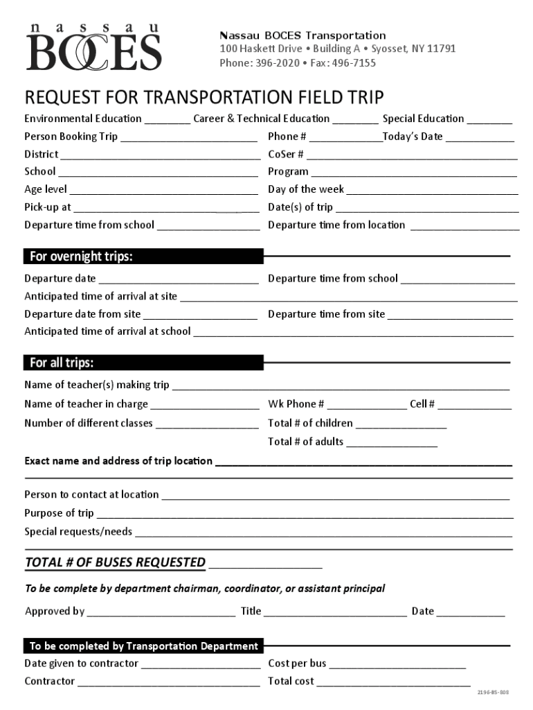 Fillable Online Request for Transportation Field Trip Fax Email Print ...