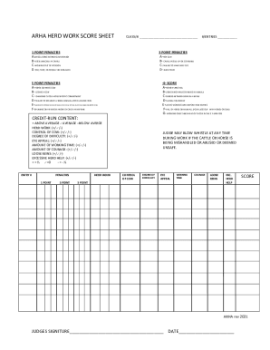 Fillable Online Fillable Online ARHA HERD WORK SCORE SHEET ... Fax ...
