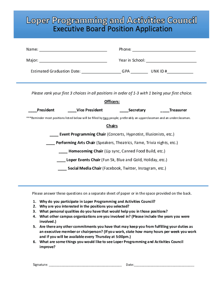 Fillable Online Executive Board Position Application Fax Email Print ...