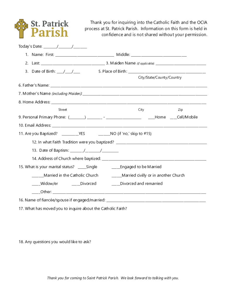 Fillable Online Thank you for inquiring into the Catholic Faith and the ...