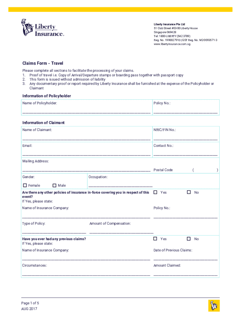 Fillable Online Claims Form - Travel - Liberty Insurance Fax Email ...