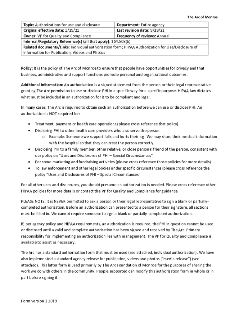 Fillable Online Form version 1 1019 Topic: Authorizations for use and ...