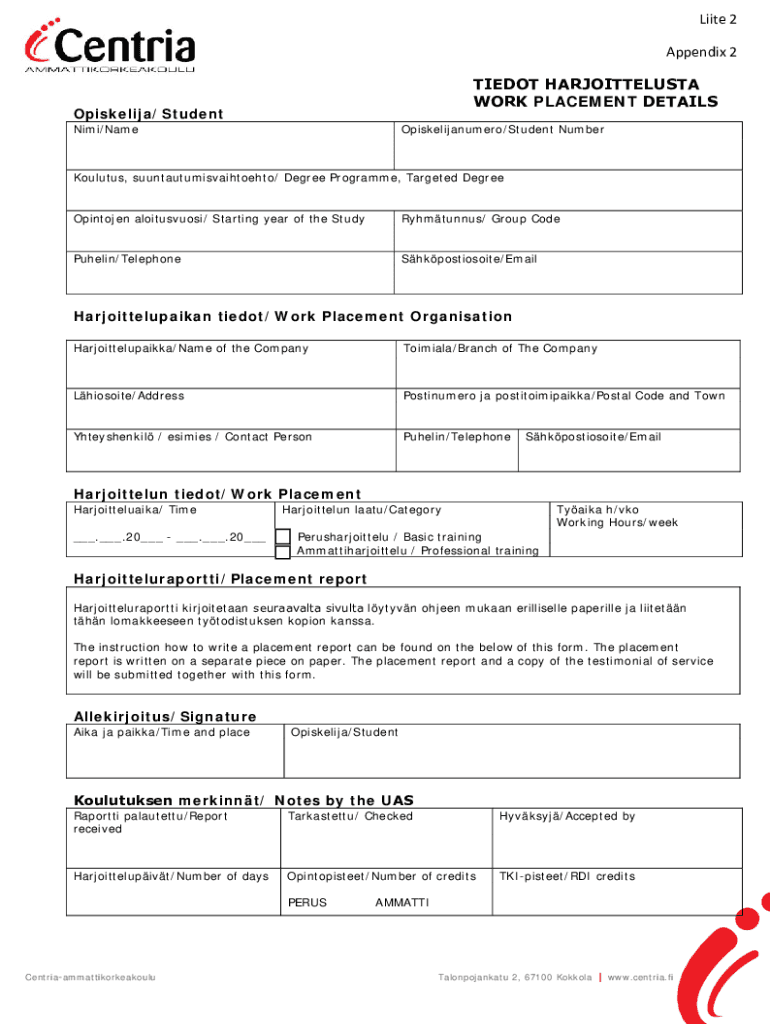 Fillable Online Appendix 2 Work Placement Details and Report Fax Email Print - pdfFiller