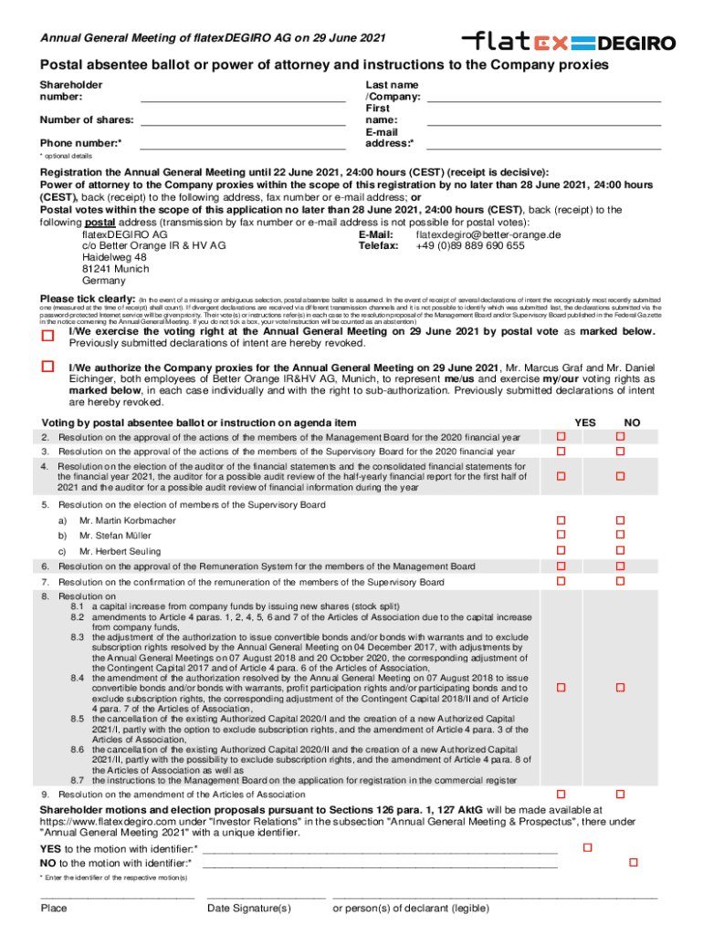 Fillable Online flatexDEGIRO : Postal absentee ballot or power of ...