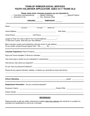 Fillable Online Youth Volunteer Application for Children up to 17 yrs ...