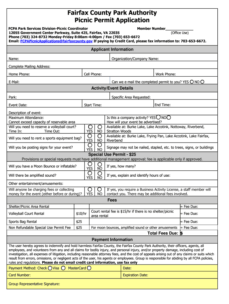 Fillable Online fairfaxcounty FCPA Picnic Permit Application Fax Email ...