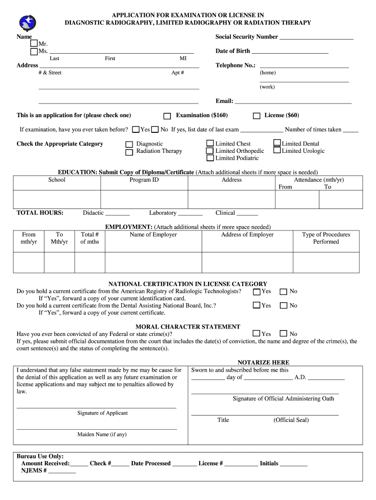 Fillable Online nj APPLICATION FOR EXAMINATION OR LICENSE IN DIAGNOSTIC ...