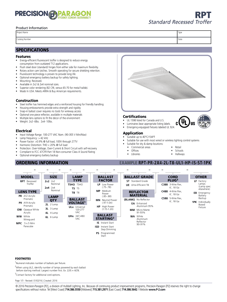 Fillable Online RPT Standard Recessed Troffer Product Information ...