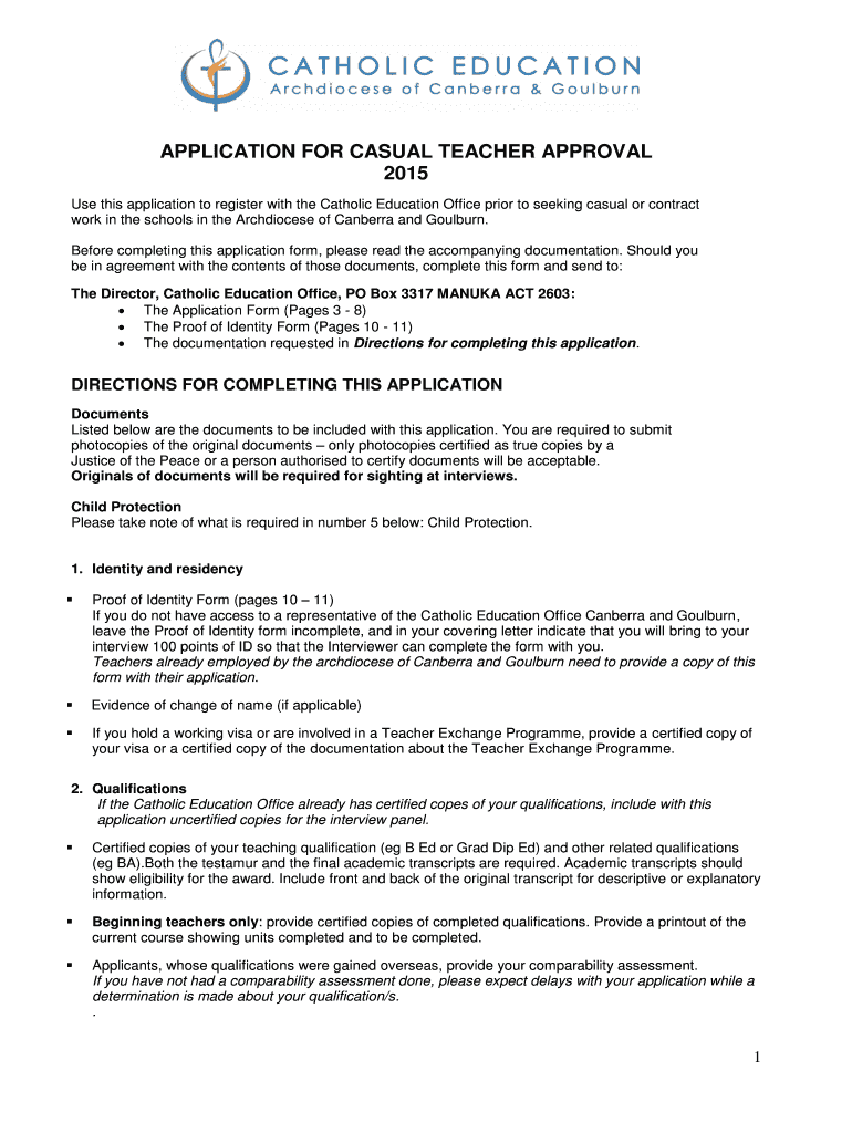 Fillable Online cg catholic edu APPLICATION FOR CASUAL TEACHER APPROVAL ...