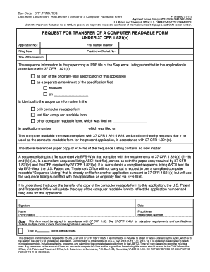 Fillable Online uspto Document Description Request for Transfer of a ...
