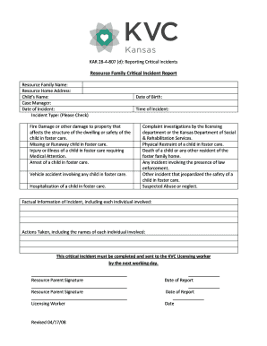 Resource Family Critical Incident Report - KVC - Kansas Kvc - Fill and ...