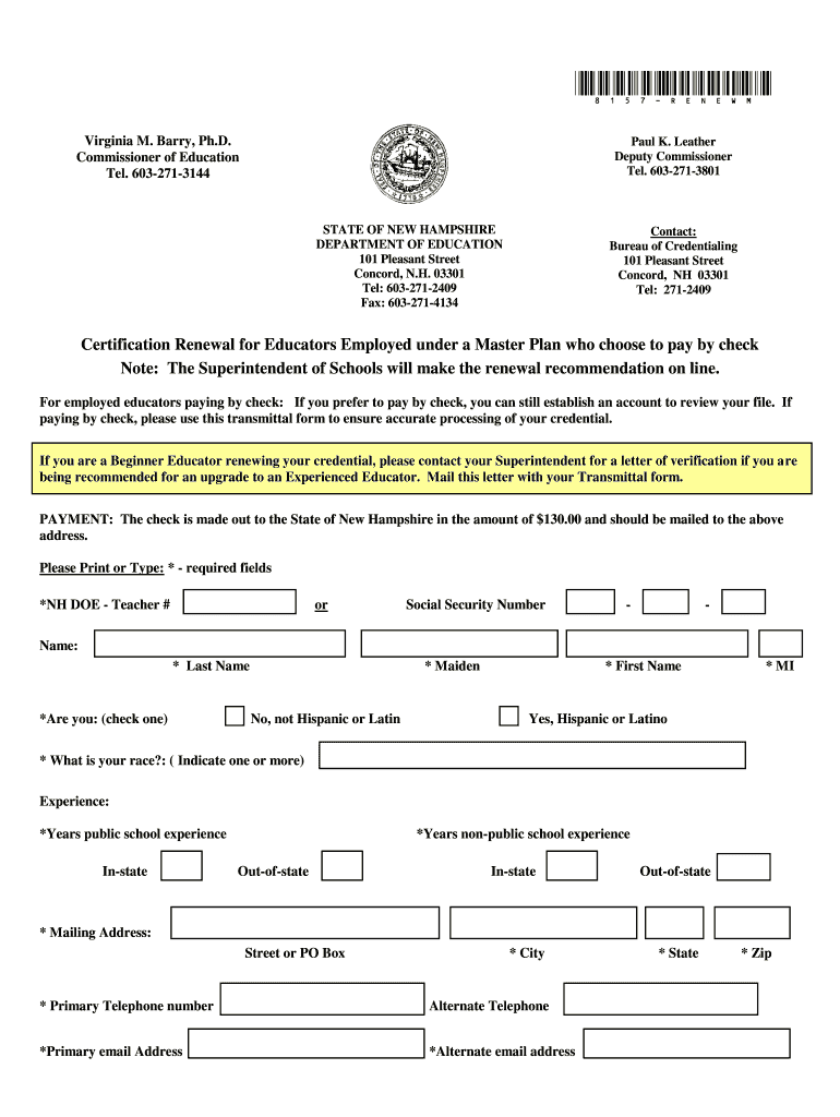 Fillable Online education nh Teacher Renewal Transmittal Form Fax Email ...